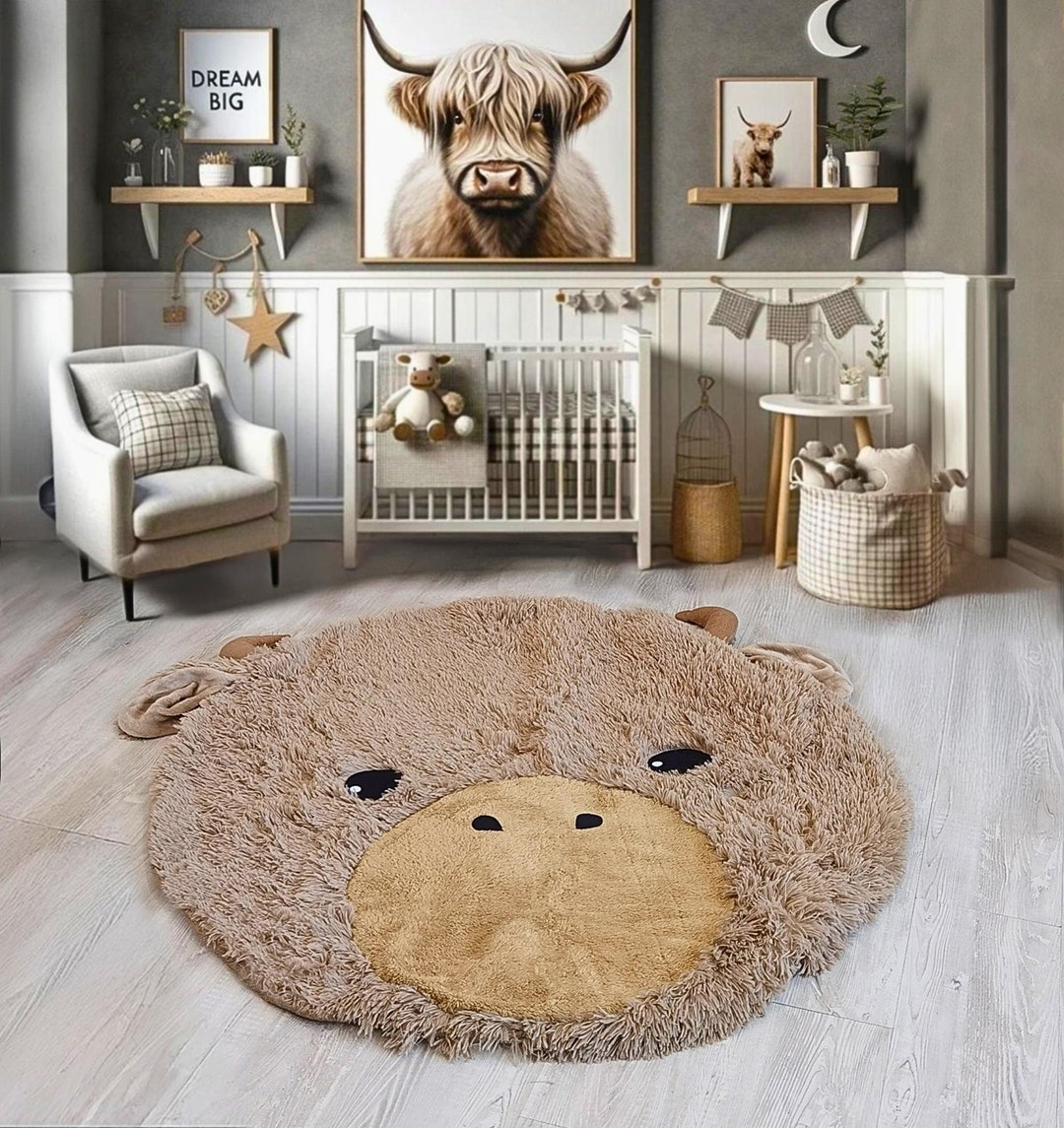 Highland Cow Rug for Kids Room - Soft Shaggy Nursery Rug - Personalized ...