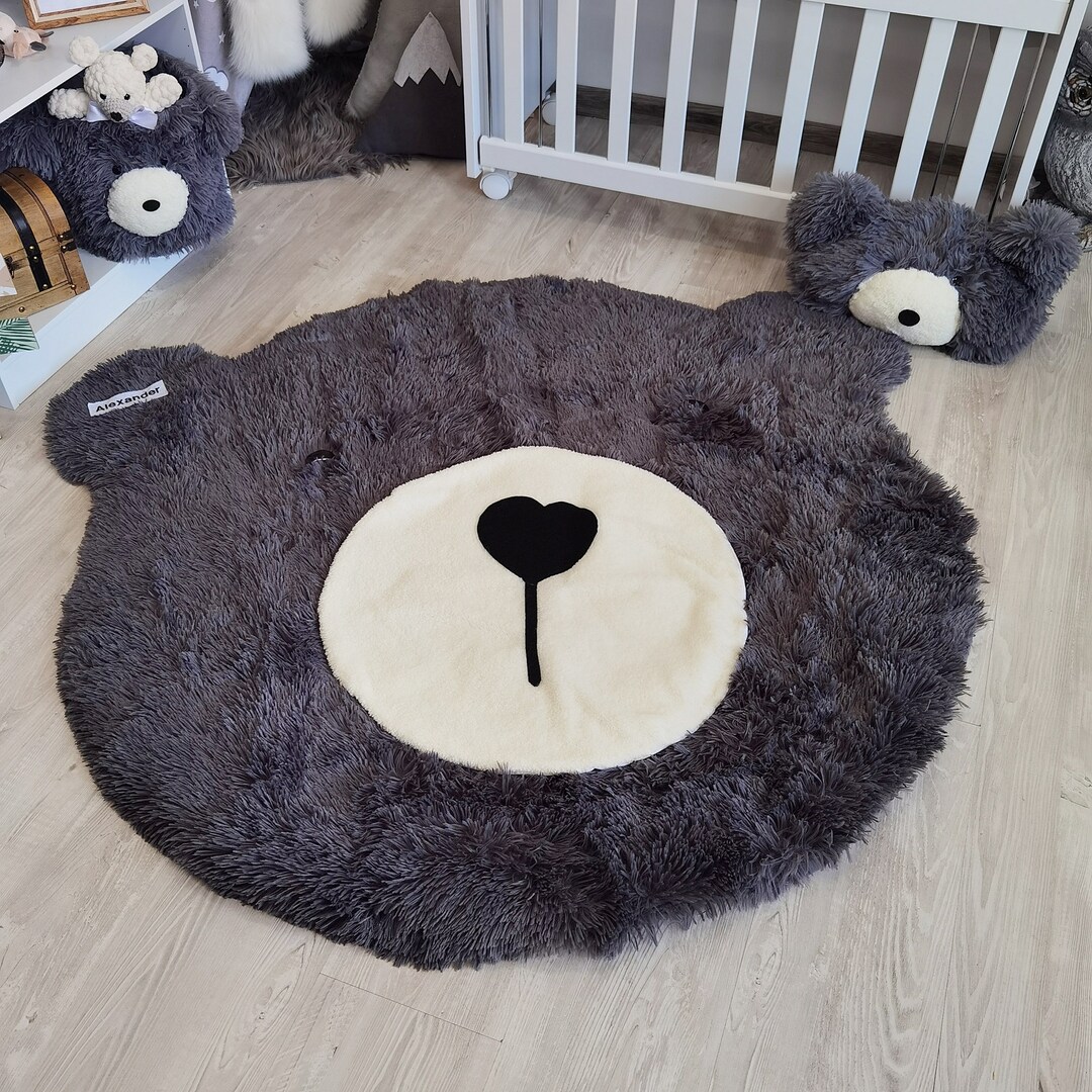 Personalized Dark Gray Bear Rug for Nursery - Shaggy Minky Bear Face ...