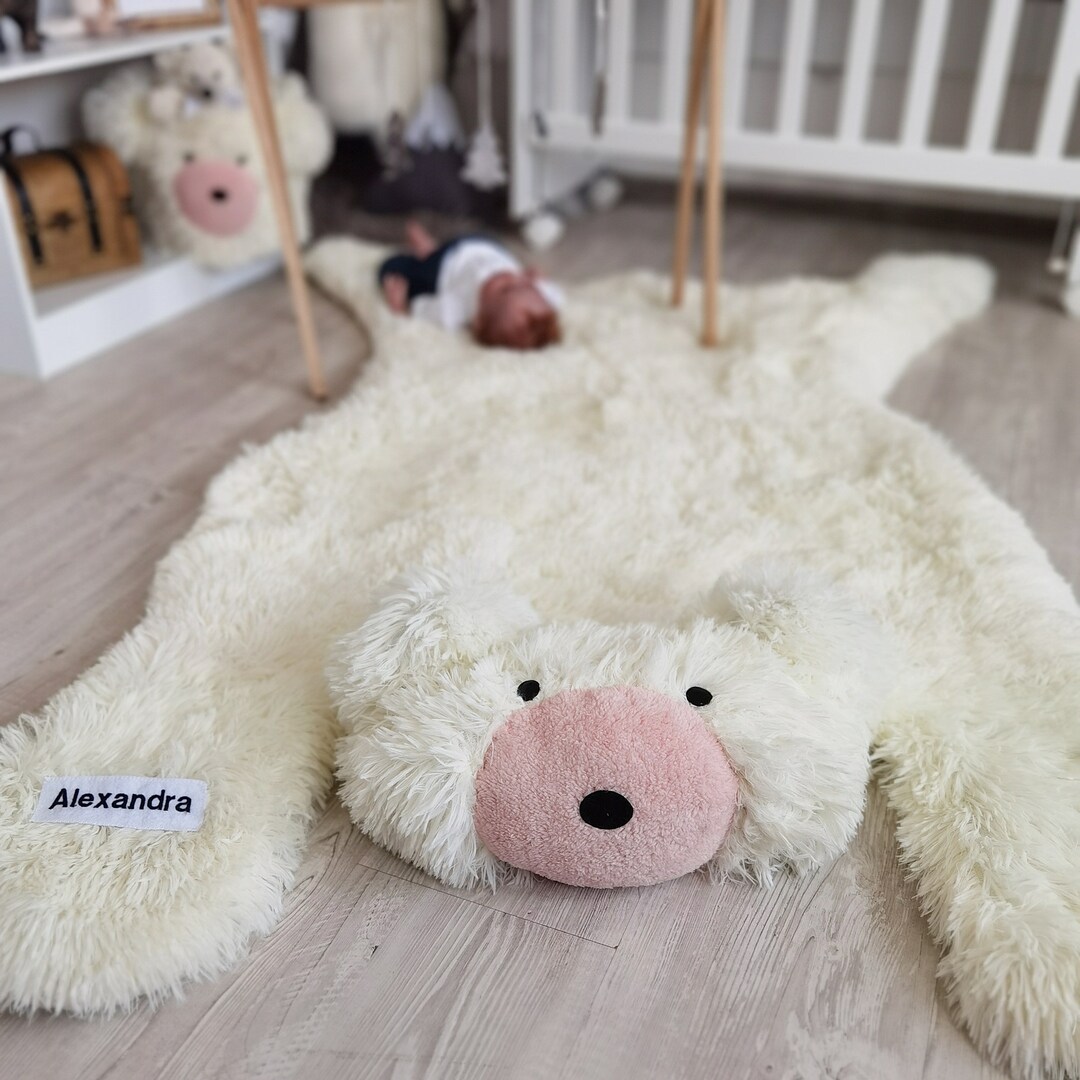 Personalized Plush Bear Rug, White Fluffy Nursery Mat for Girls, Custom ...