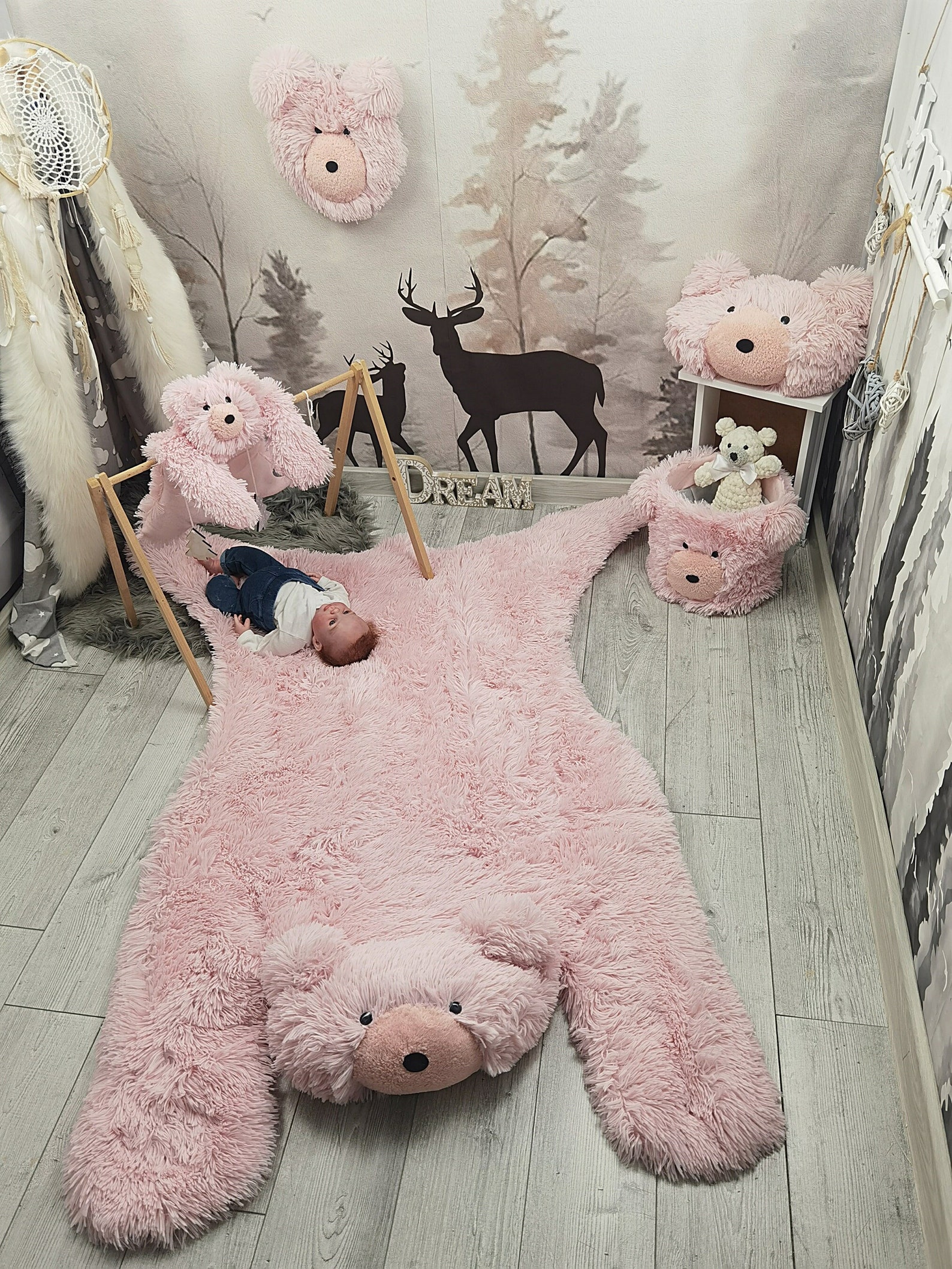 Pink Fluffy Woodland Bear Rug for Girl's Nursery Personalized Baby Room ...