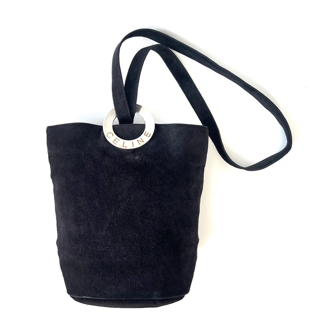 CELINE Authentic Vintage Ring Logo Black Suede Bucket Bag - Etsy