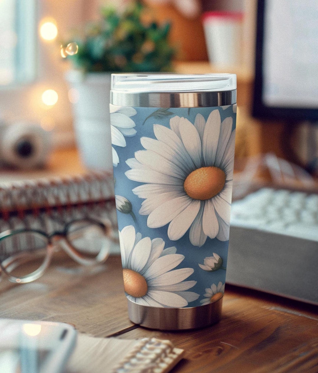 Daisy Tumbler, Floral Drinkware, Blue Flower Cup, Gift for Nature Lover ...