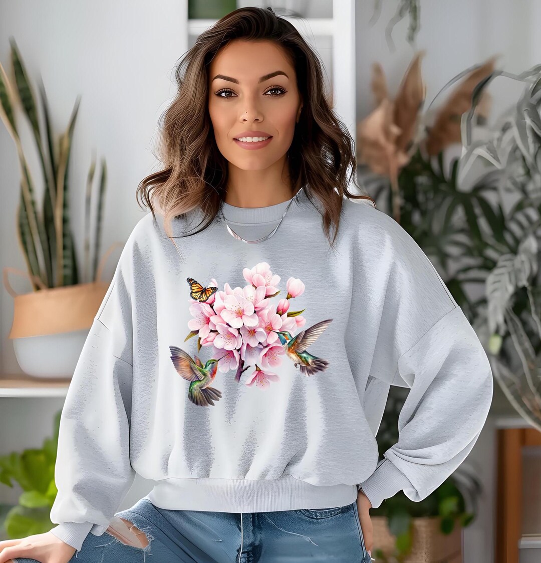 Cherry Blossom, Hummingbird, and Butterfly Watercolor Sweatshirt - Etsy