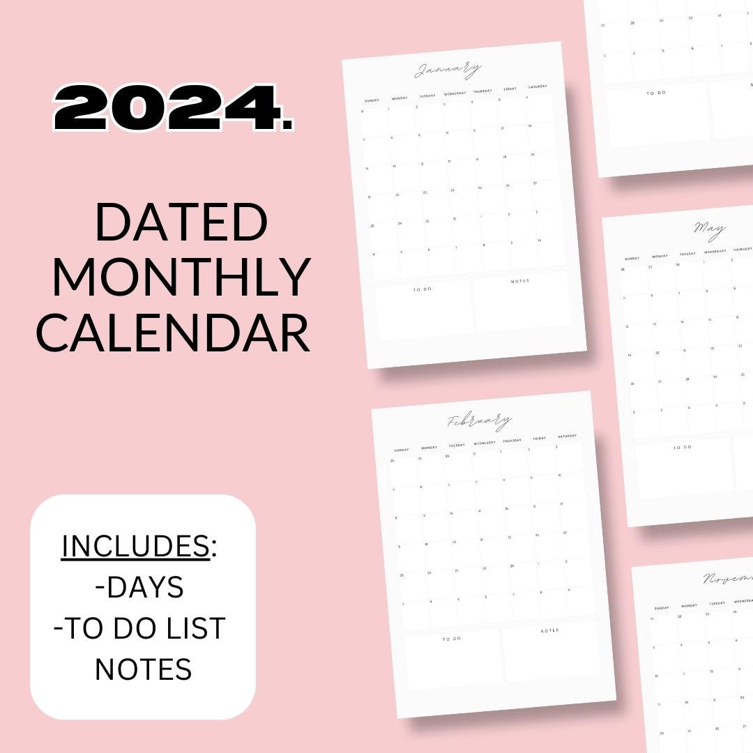 2024 Monthly Calendar, Printable Calendar, Dated Monthly Calendar ...
