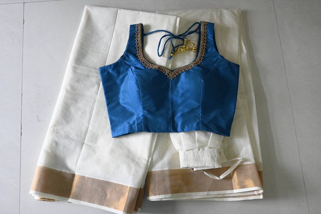 Kerala Mundu Style Cotton Half Saree Set Skirt and Contrast Blouse ...