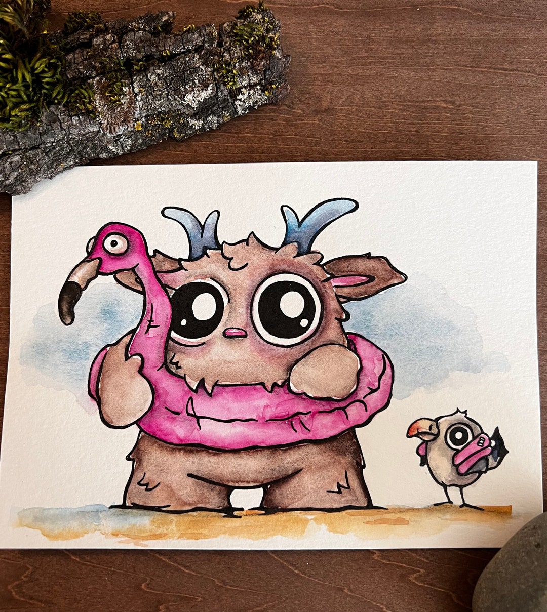 SWIM TIME Pink Flamingo Floatie Furbeast Original 5x7 - Etsy