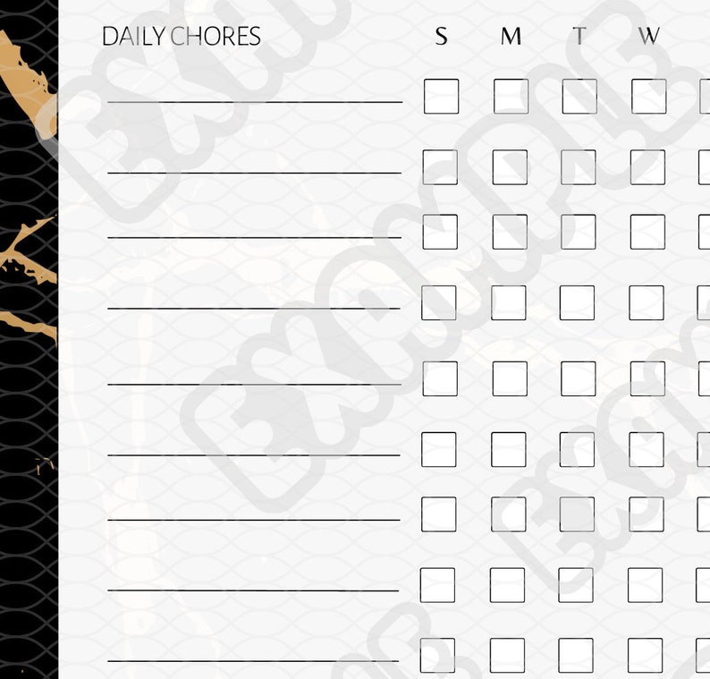Chore Chart DIY Planner Printable Black & Gold Marble W/ Black Script ...