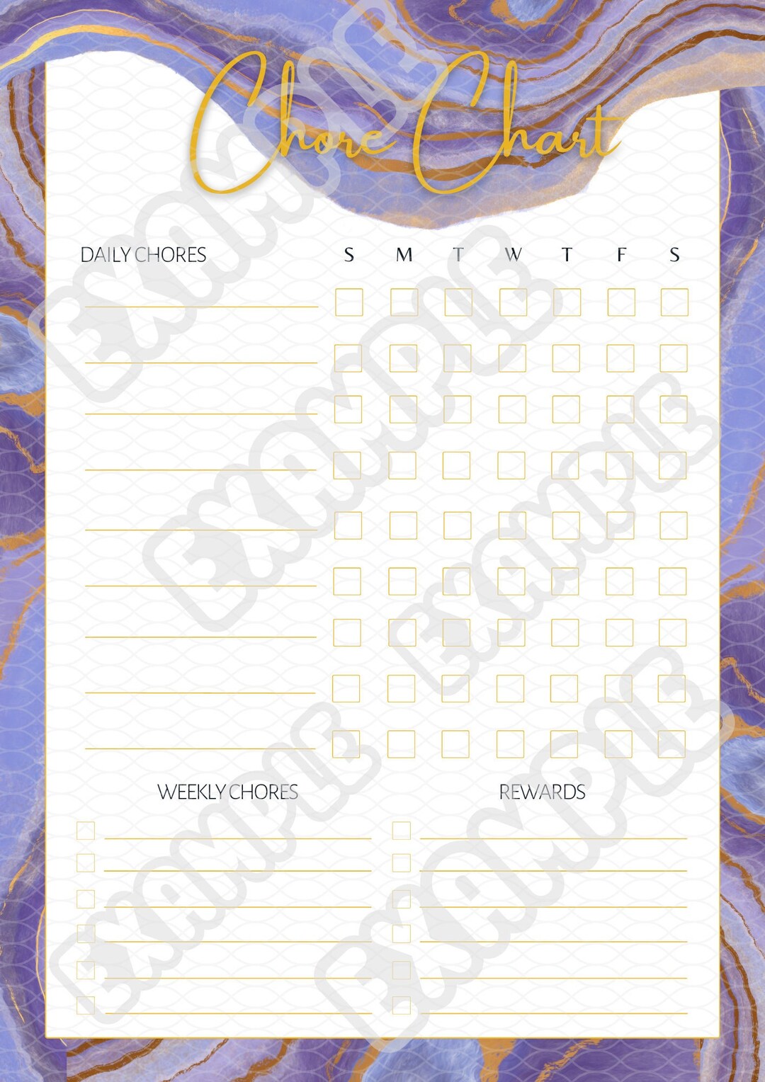 Chore Chart DIY Planner Printable Digital Copy Purple & Gold Marble W ...