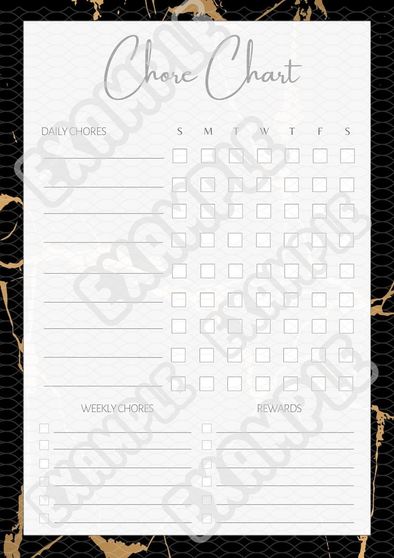 Chore Chart DIY Planner Printable Black & Gold Marble W/ Grey Script - Etsy