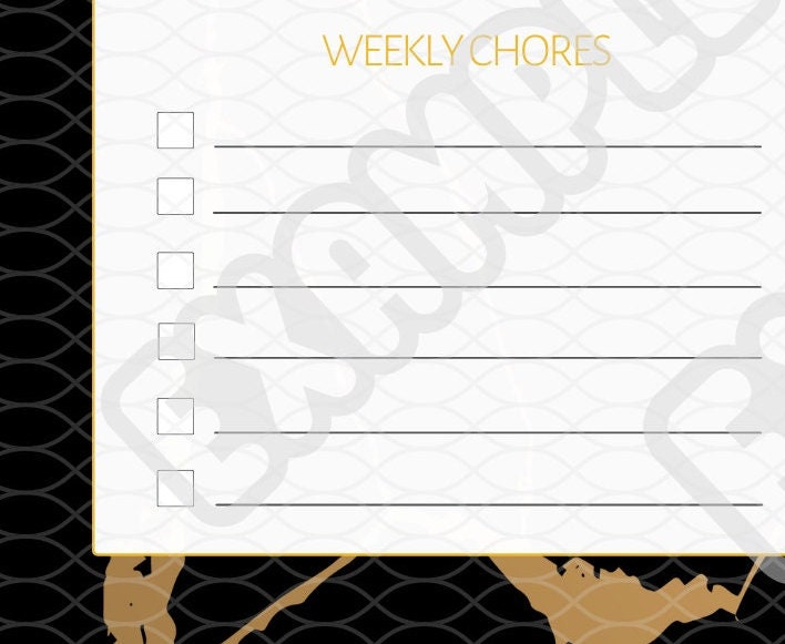 Chore Chart DIY Planner Printable Digital Download Black & Gold Marble ...