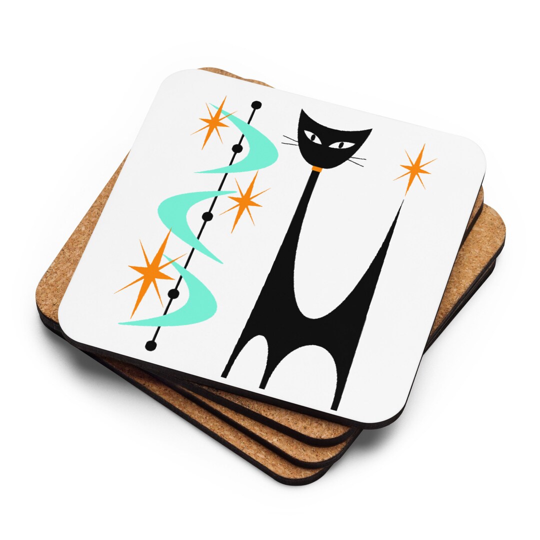 MCM Cork-back Coaster Atomic Cat Coaster Drink Coasters - Etsy