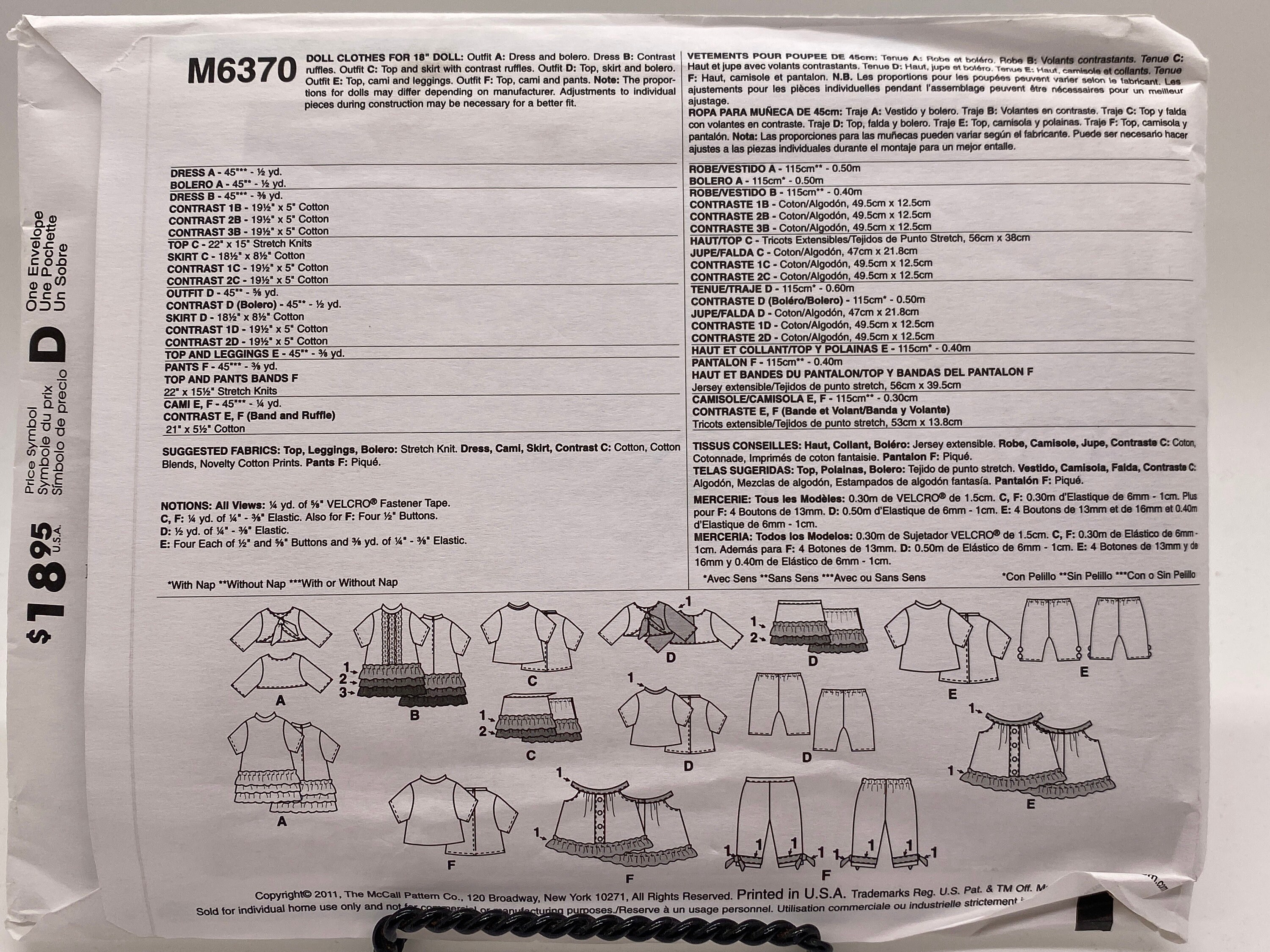 Mccalls Sewing Pattern 6370, UNCUT/FF, Doll Clothes Pattern for 18 Doll ...
