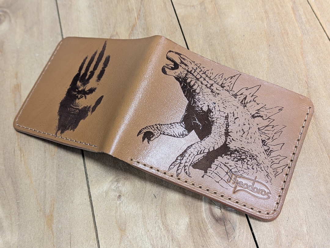 King Kong, Godzilla, Italian Genuine Leather Bi-fold Wallet, Handmade ...
