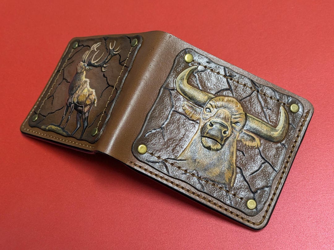 Deer, Bull, Elk, Cow, Hunting Handmade Genuine Leather Bifold Wallet ...