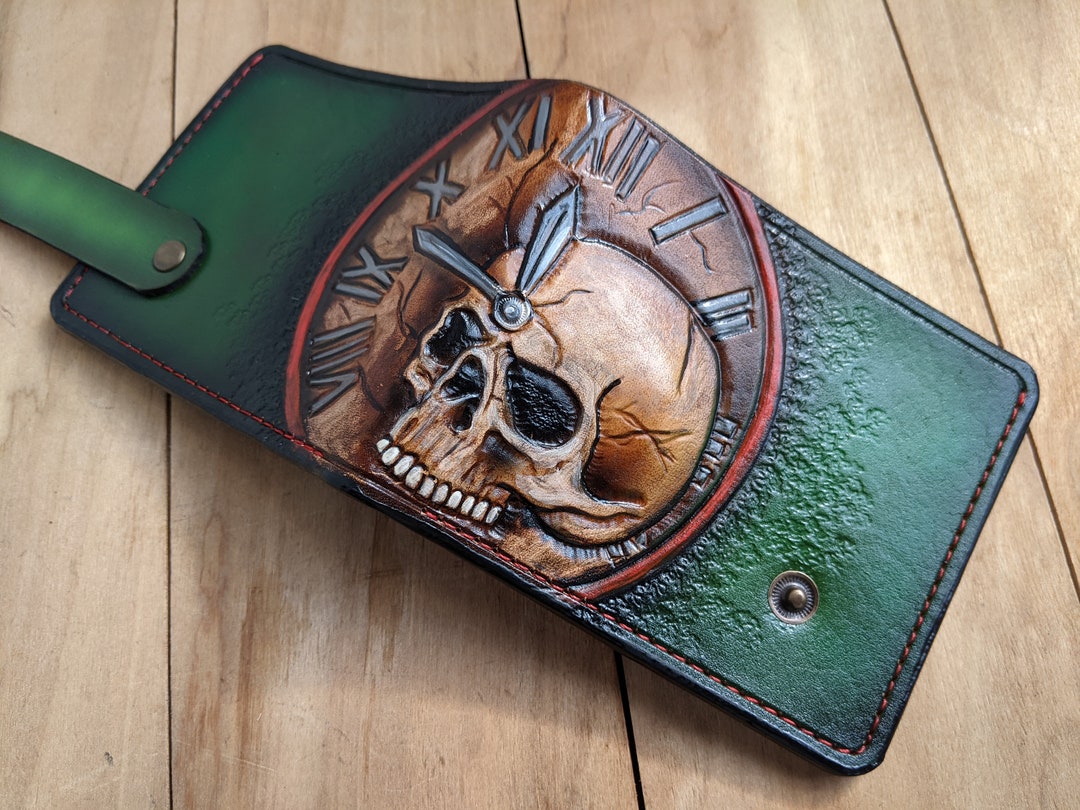 Gothic Skull Clock, Mens 3D Genuine Leather Wallet, Hand-carved, Hand ...