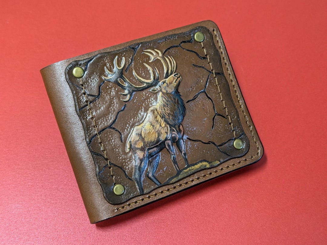 Deer, Elk, Native American, Hunting Handmade Genuine Leather Bifold ...