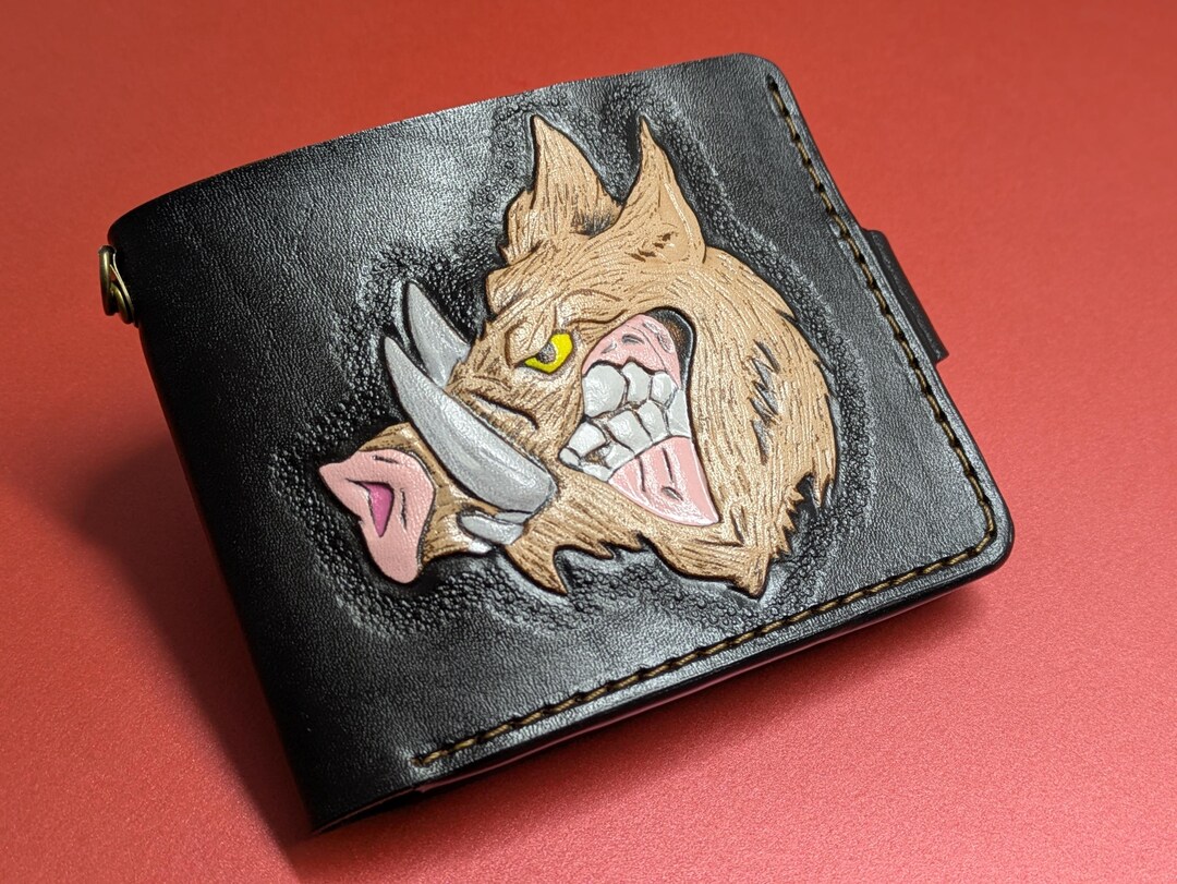 Wild Boar, Engry Pig, Swine, Cartoon, Handmade Genuine Leather Bifold ...