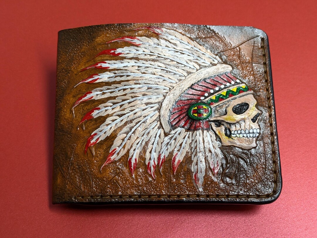 Indian Chief Skull, Apache Headdress, Handmade Genuine Leather Bifold ...