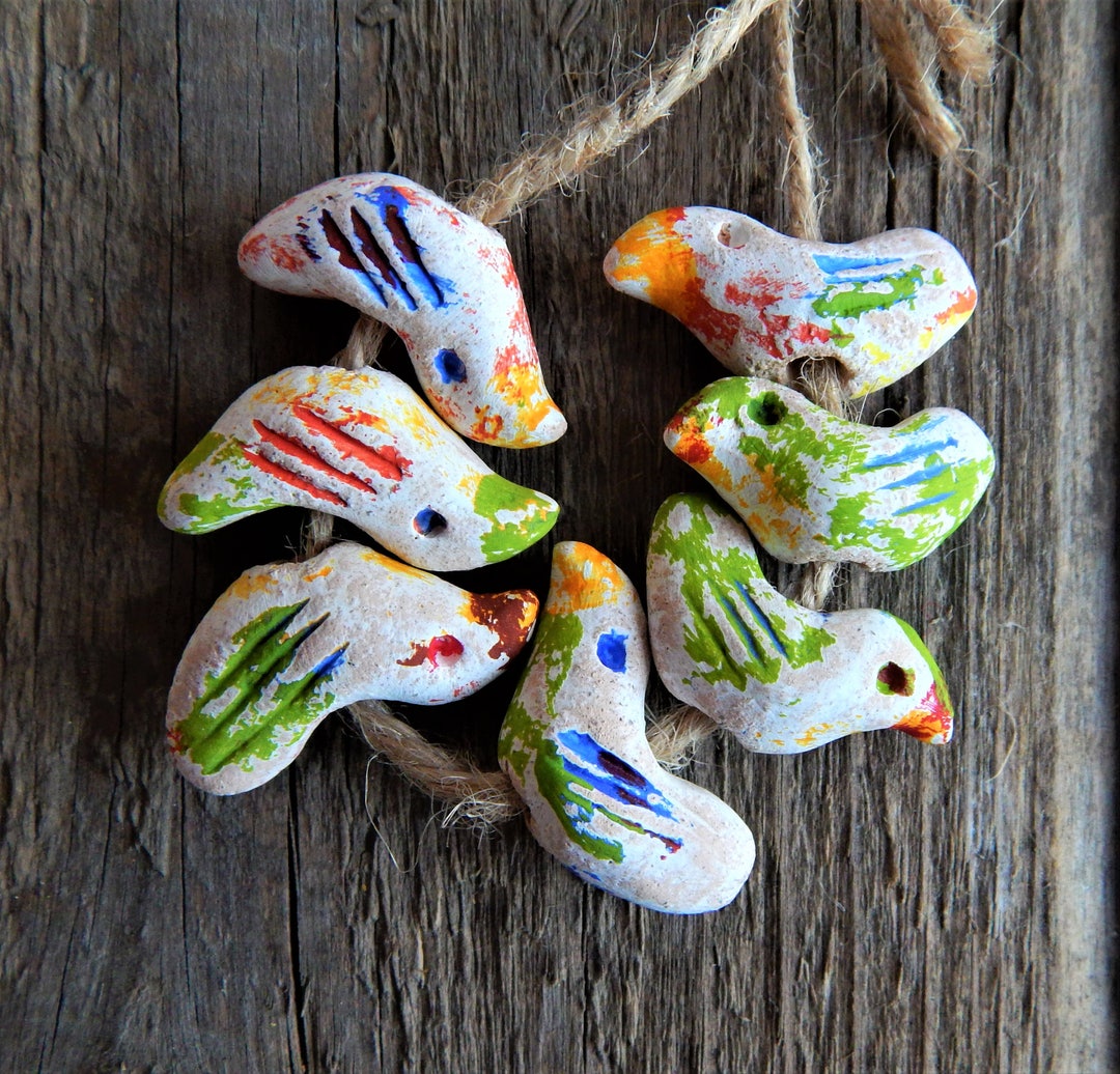 A Set of 6 Ceramic Beads, Beads in the Form of Birds, Birds of Clay ...