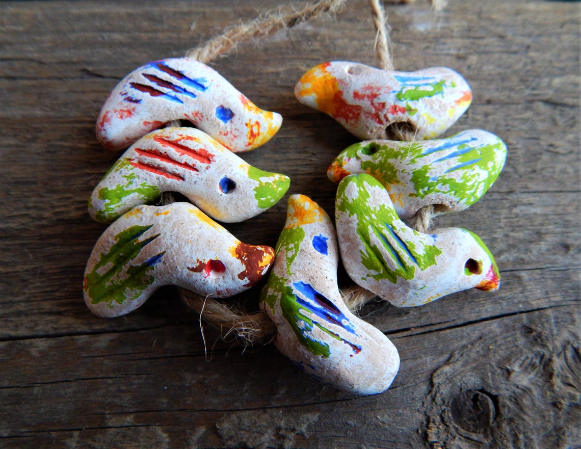 A Set of 6 Ceramic Beads, Beads in the Form of Birds, Birds of Clay ...