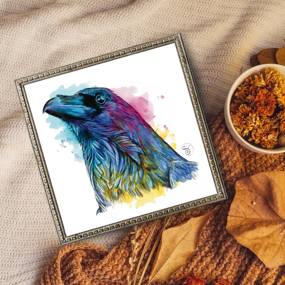 Raven Print, Colorful Wall Art, Art, Illustration, Living Room Print ...