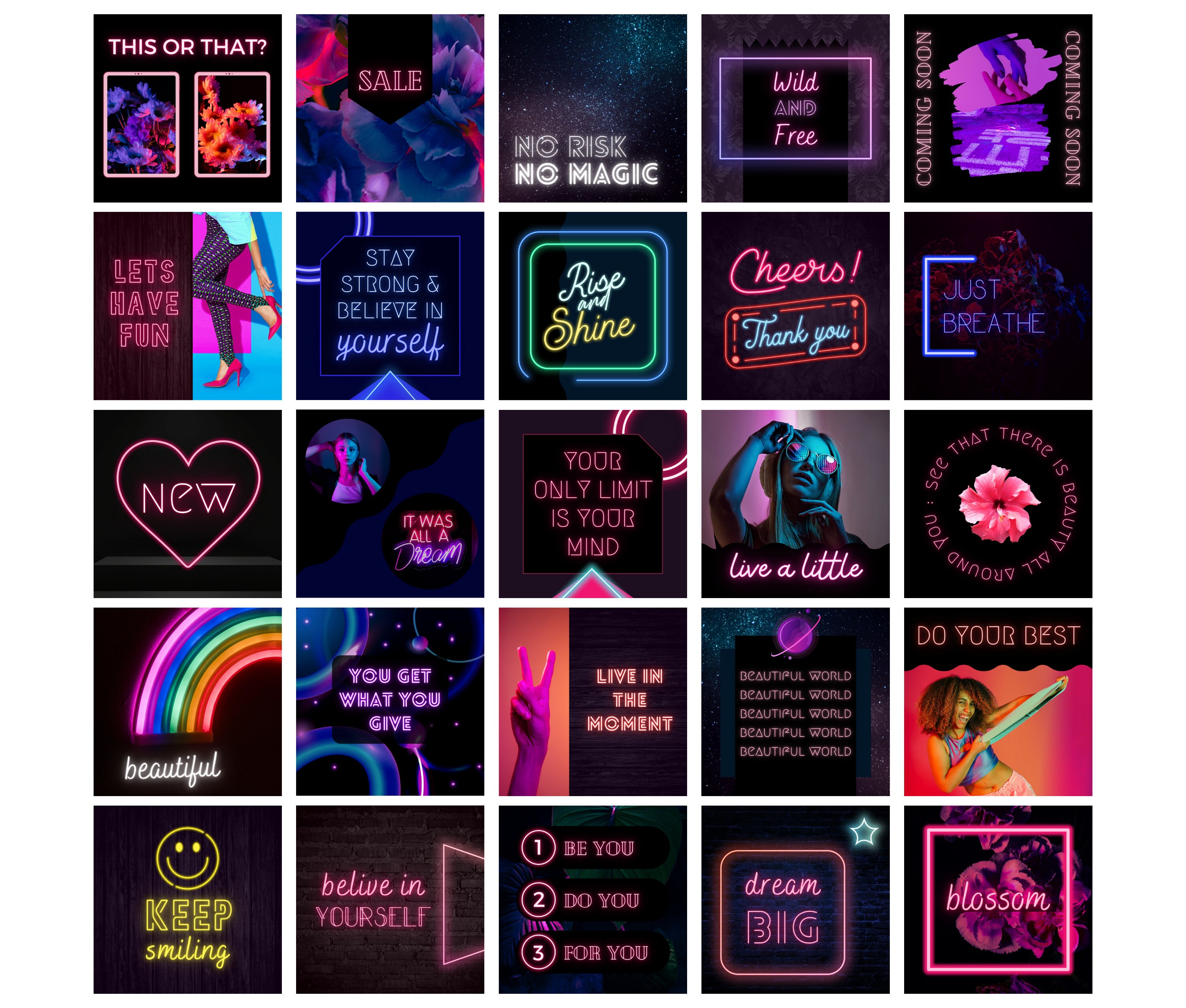 50 Neon Instagram Post Templates, Canva Quote Templates, Colorful Fun ...
