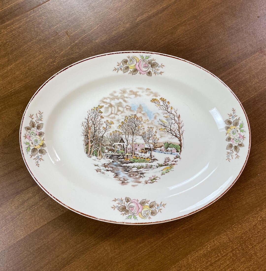 Oval Platter the Farm in Winter Edwin M. Knowles China Co. USA Serving ...