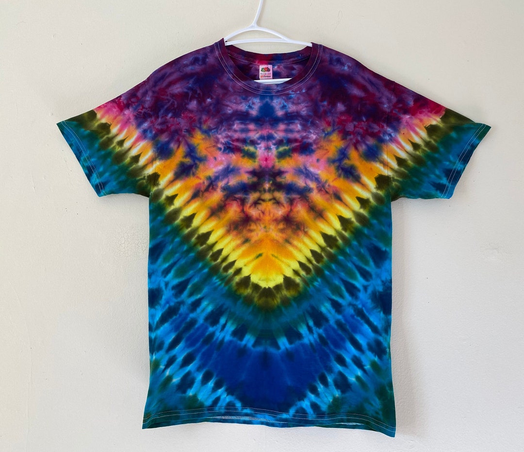 Tie Dye Tee Shirt V Shape Design Abstract Purple, Yellow, Blue One of a ...