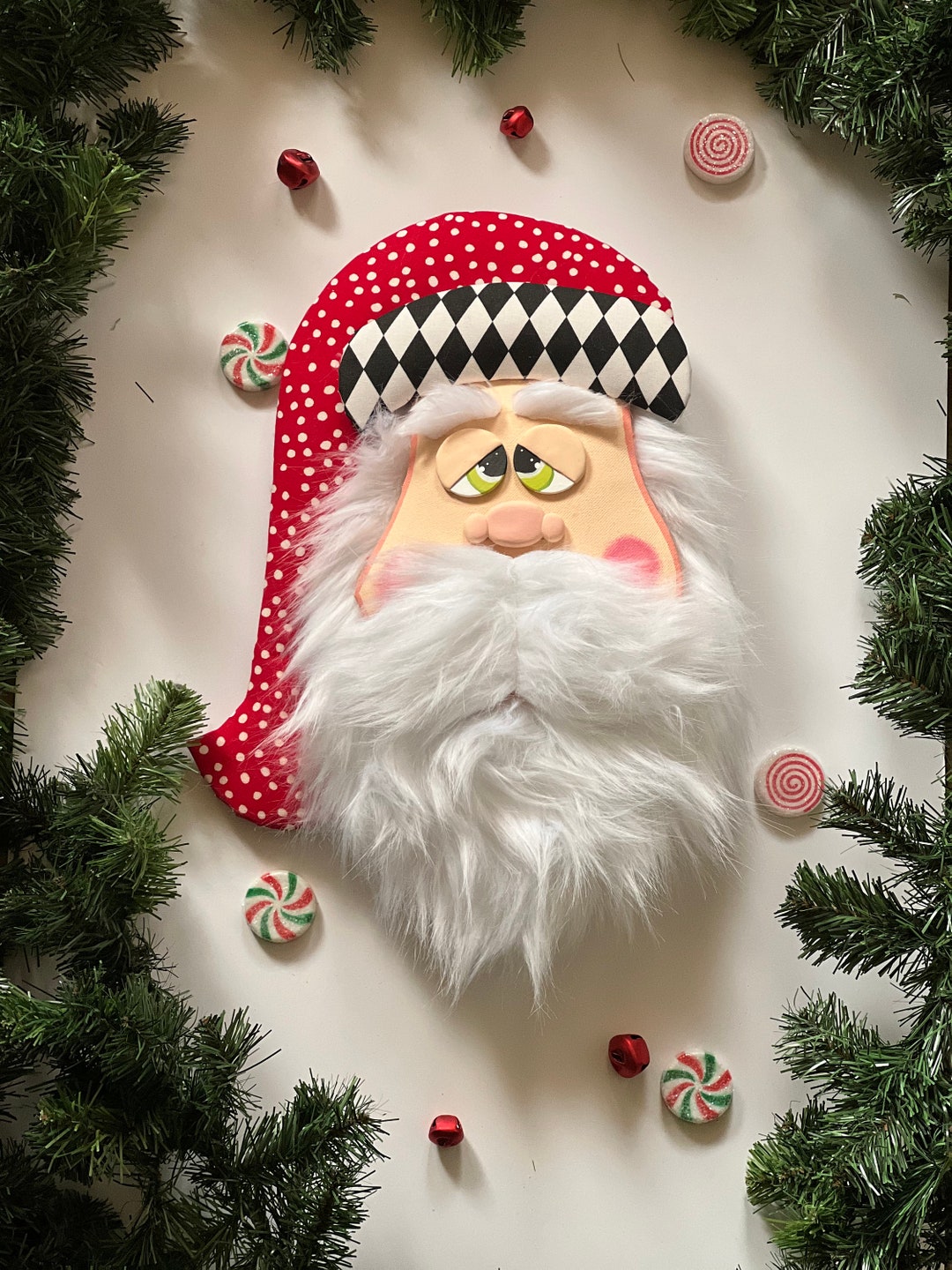 Handmade Santa Claus Wreath Attachment: Polka Dot Hat, Furry Beard ...