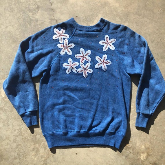 Vintage 80s Sweatshirt Blue Floral Print Sweatshirt P… - Gem