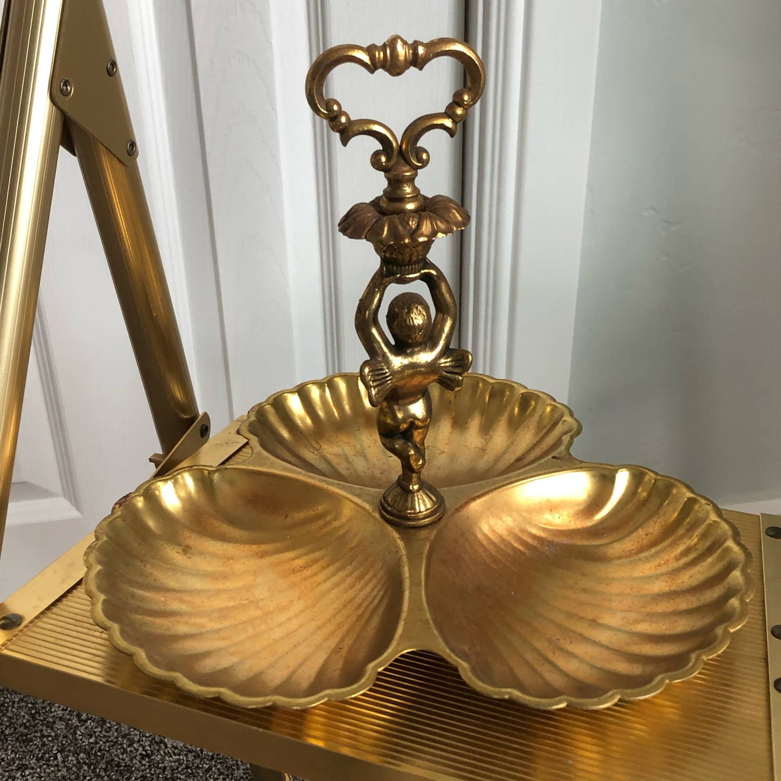 Vintage Gold Cherub Serving Tray Dish Divided Brass Home Decor Elegant ...
