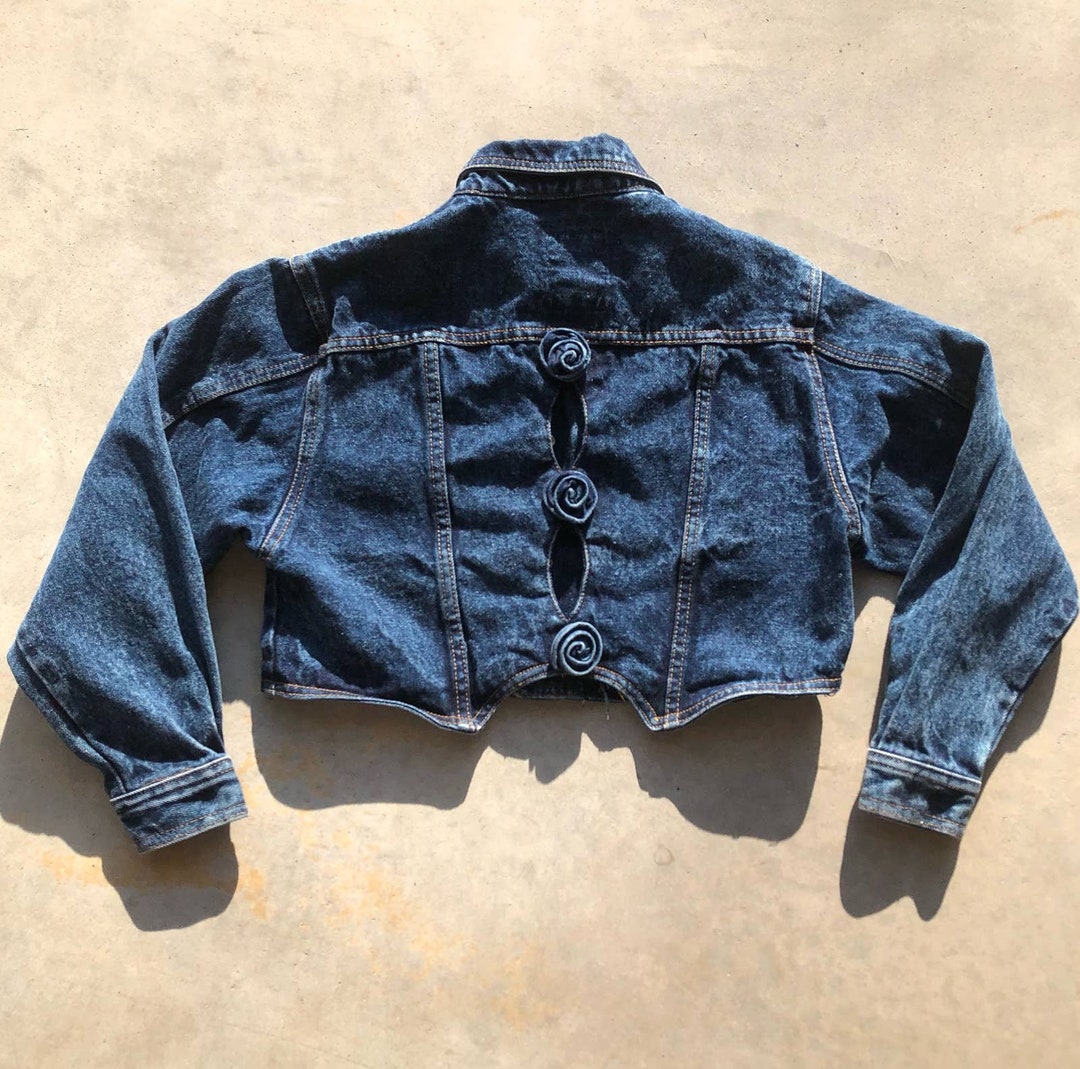 90s Denim Jacket Cropped Denim Jacket Cut Out Back With Roses by ...