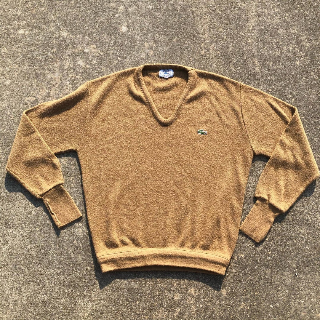 Izod X Lacoste Tan V Neck Sweater Green Alligator Logo Preppy Dark ...