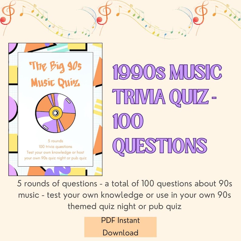 Printable 1990s Music Trivia Quiz - 100 Questions to Host Your Own Pub ...