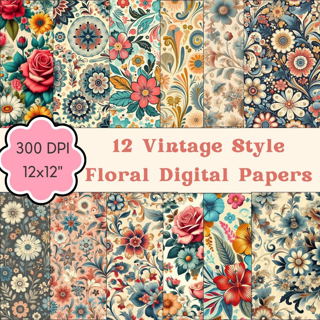 Vintage Style Floral Digital Papers - 12 Retro 300 DPI JPG Flower ...