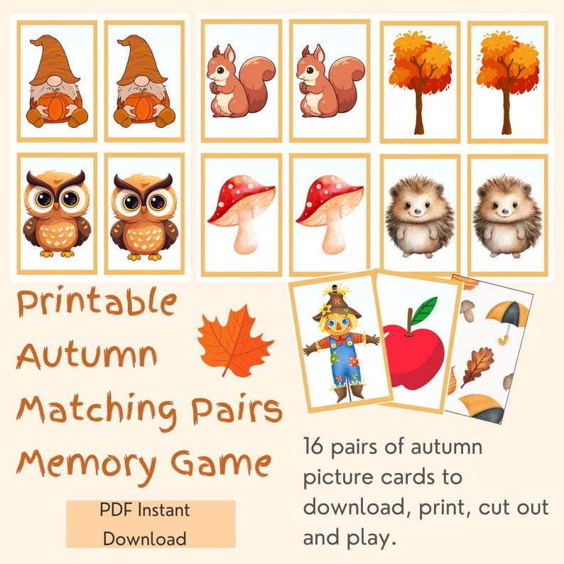 Printable Autumn Fall Matching Pairs Memory Game - 16 Pairs of Autumn ...