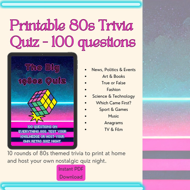 Printable 80s Trivia Quiz 100 Questions PDF Digital - Etsy UK