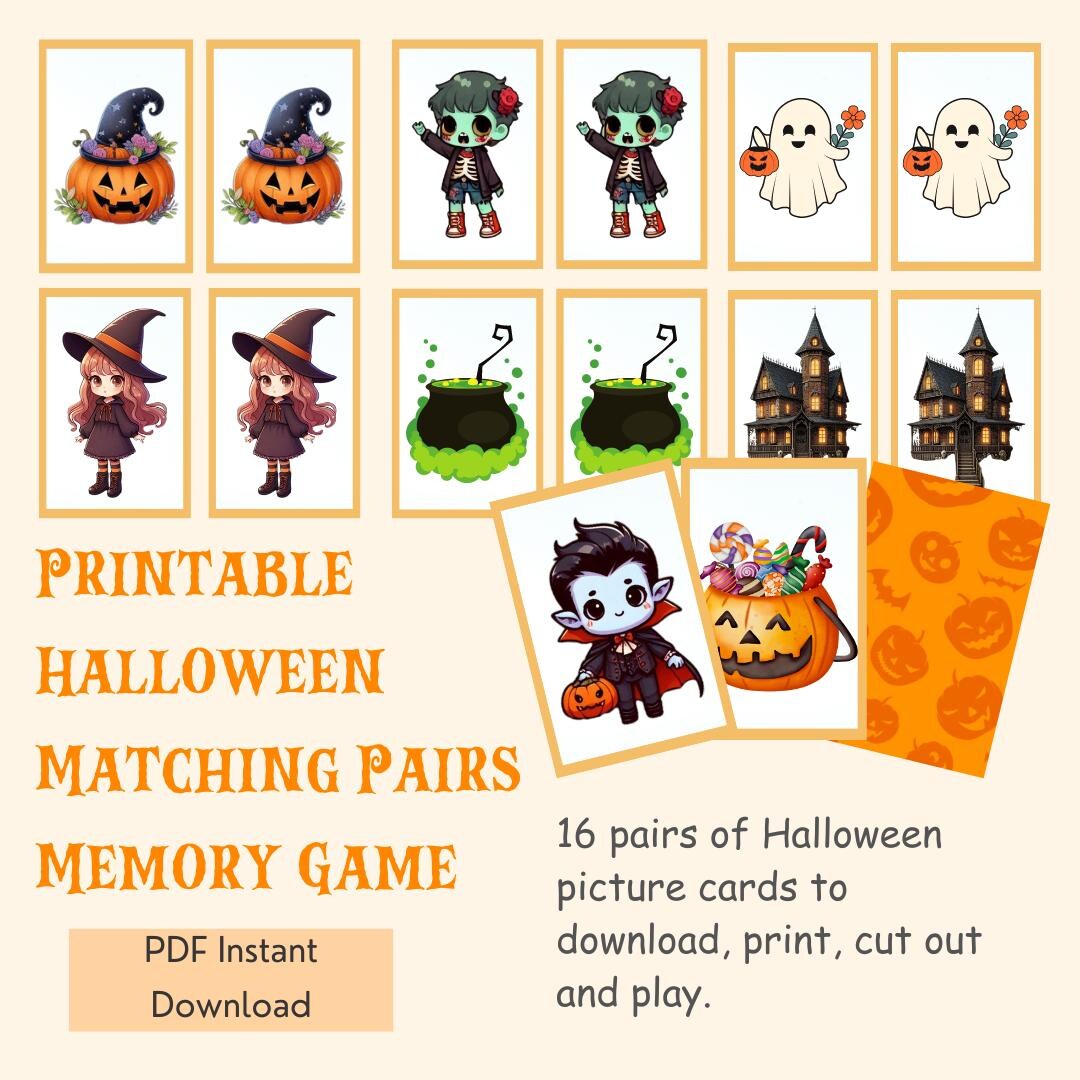Printable Halloween Matching Pairs Memory Game - 16 Pairs of Halloween ...