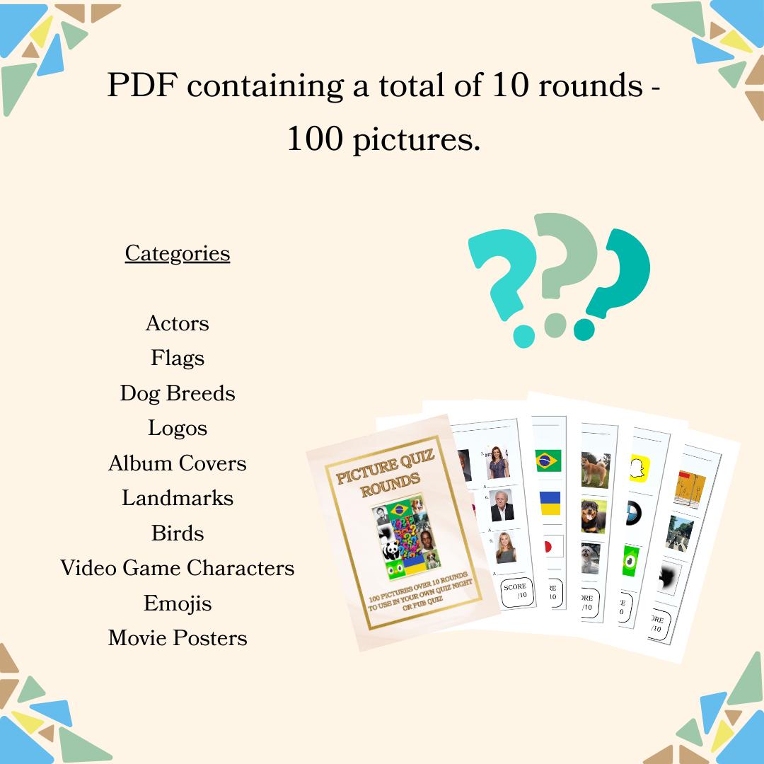 Picture Quiz Rounds - Printable PDF With 10 Picture Rounds - 100 Pics ...
