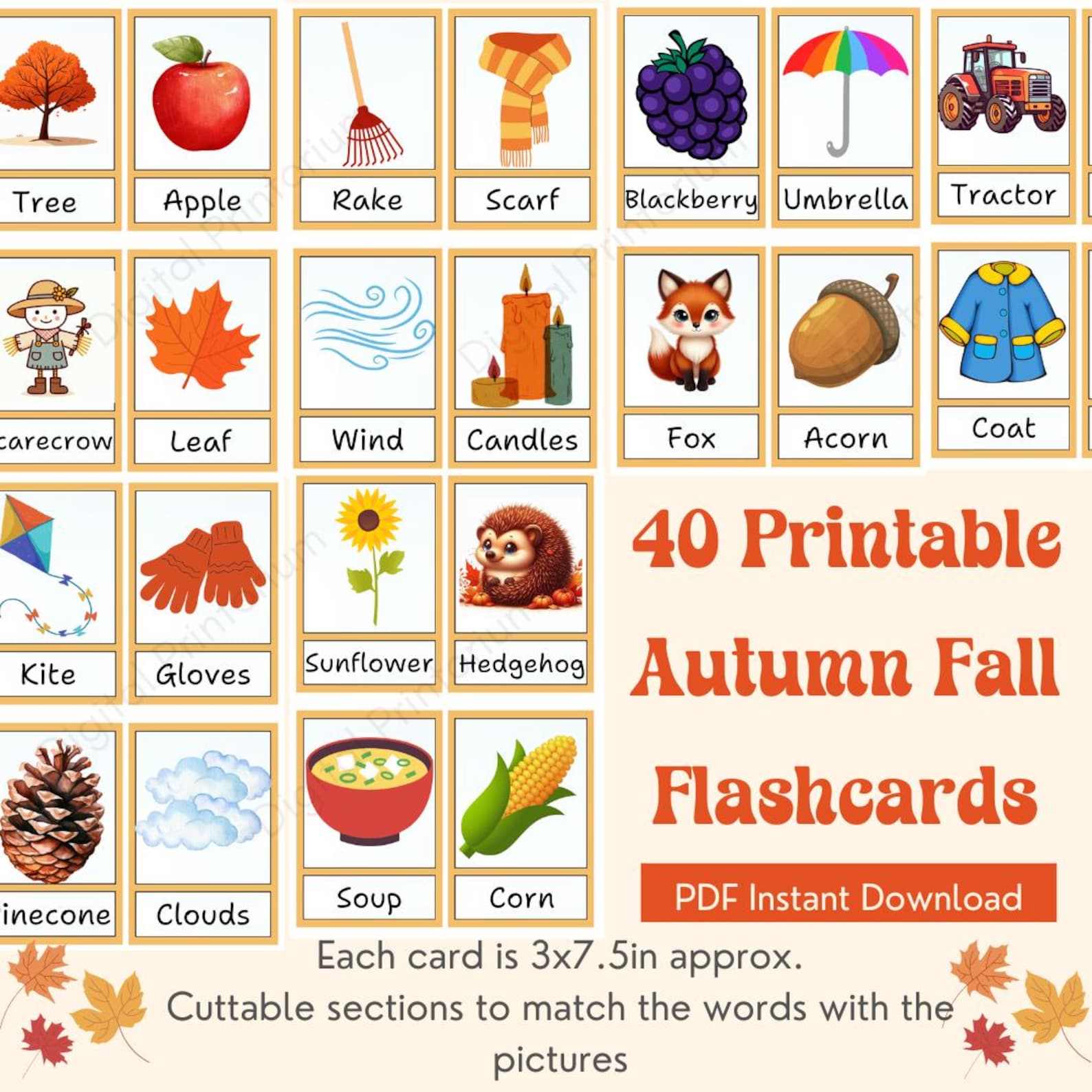 40 Printable Autumn Flashcards Fall Vocabulary Flash Cards Kids ...