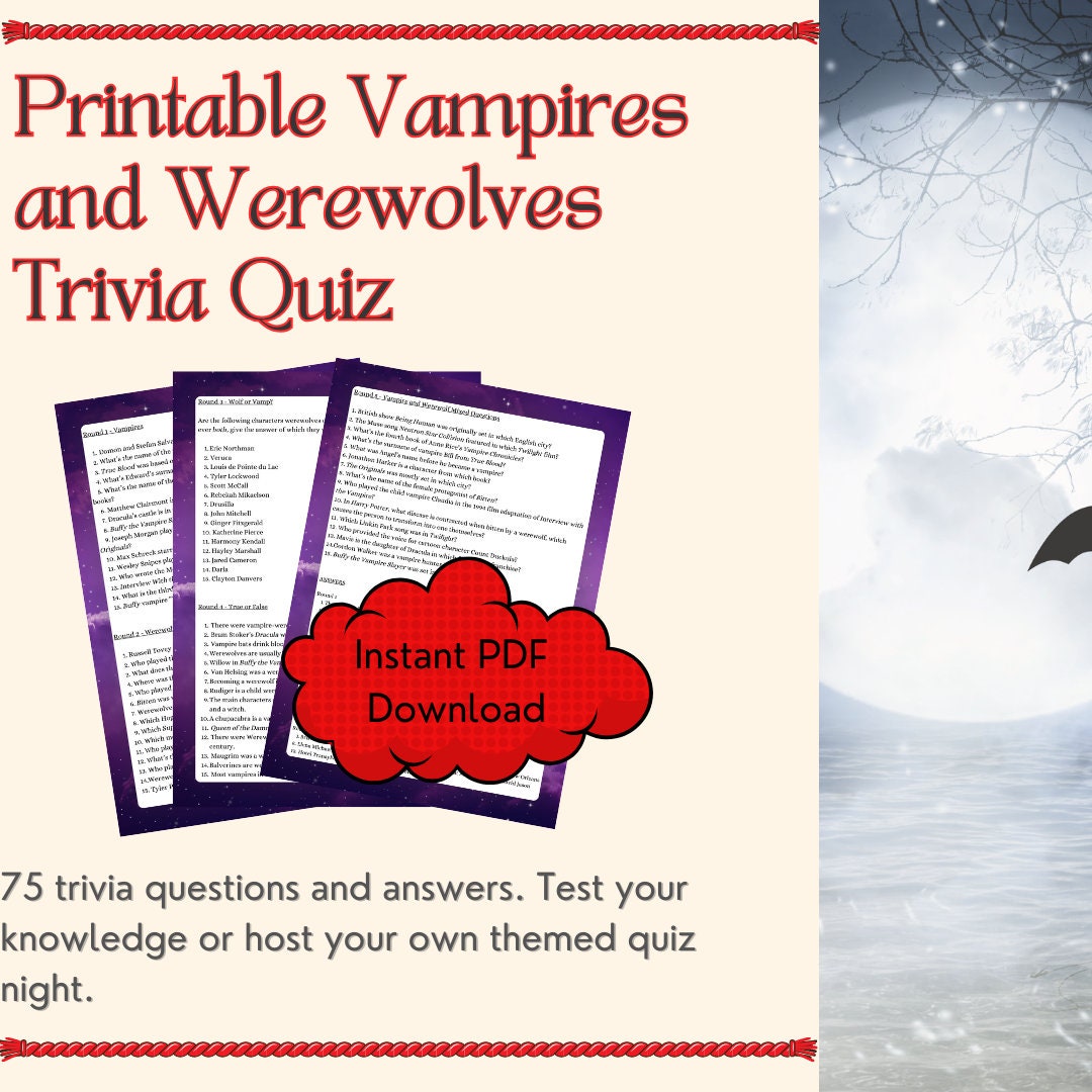 Printable Vampires and Werewolves Trivia Quiz 75 Questions - Etsy UK