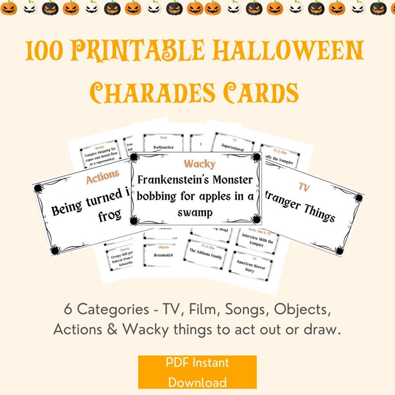 Printable Halloween Charades Game - 100 Cards to Print at Home for ...
