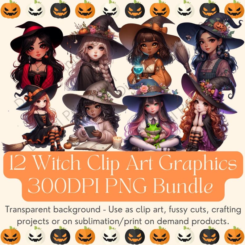 Witch Pngs Clip Art - 12 Witches - 300DPI - Transparent Backgrounds ...