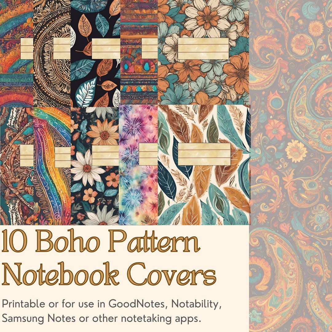 10 Boho Pattern Digital Notebook Covers Printable or for Digital Use in ...