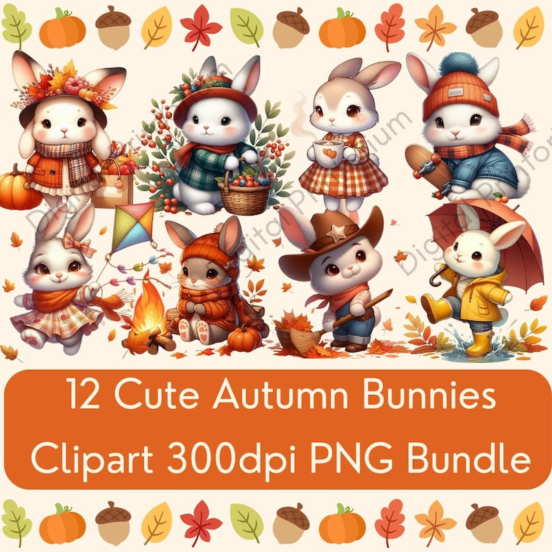 12 Cute Autumn Bunny Rabbits Transparent PNG Fall Clipart Images ...