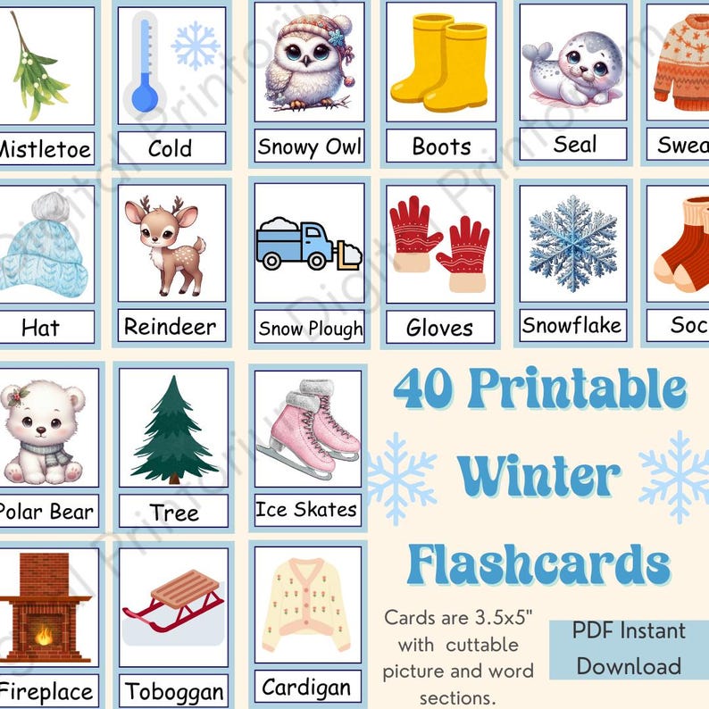 40 Printable Winter Flashcards - Winter Vocabulary Flash Cards - Kids ...