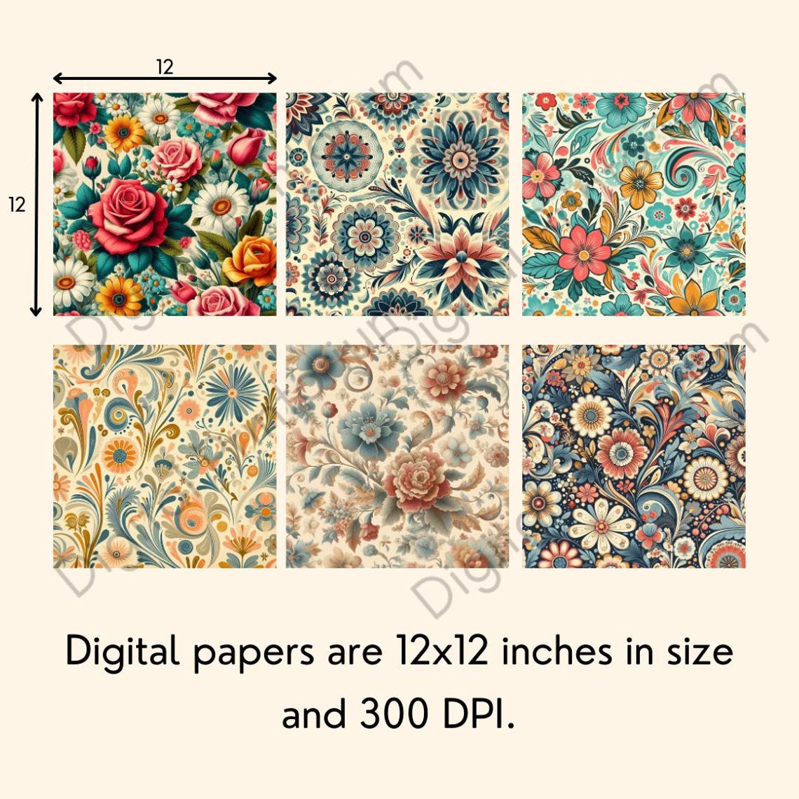 Vintage Style Floral Digital Papers - 12 Retro 300 DPI JPG Flower ...
