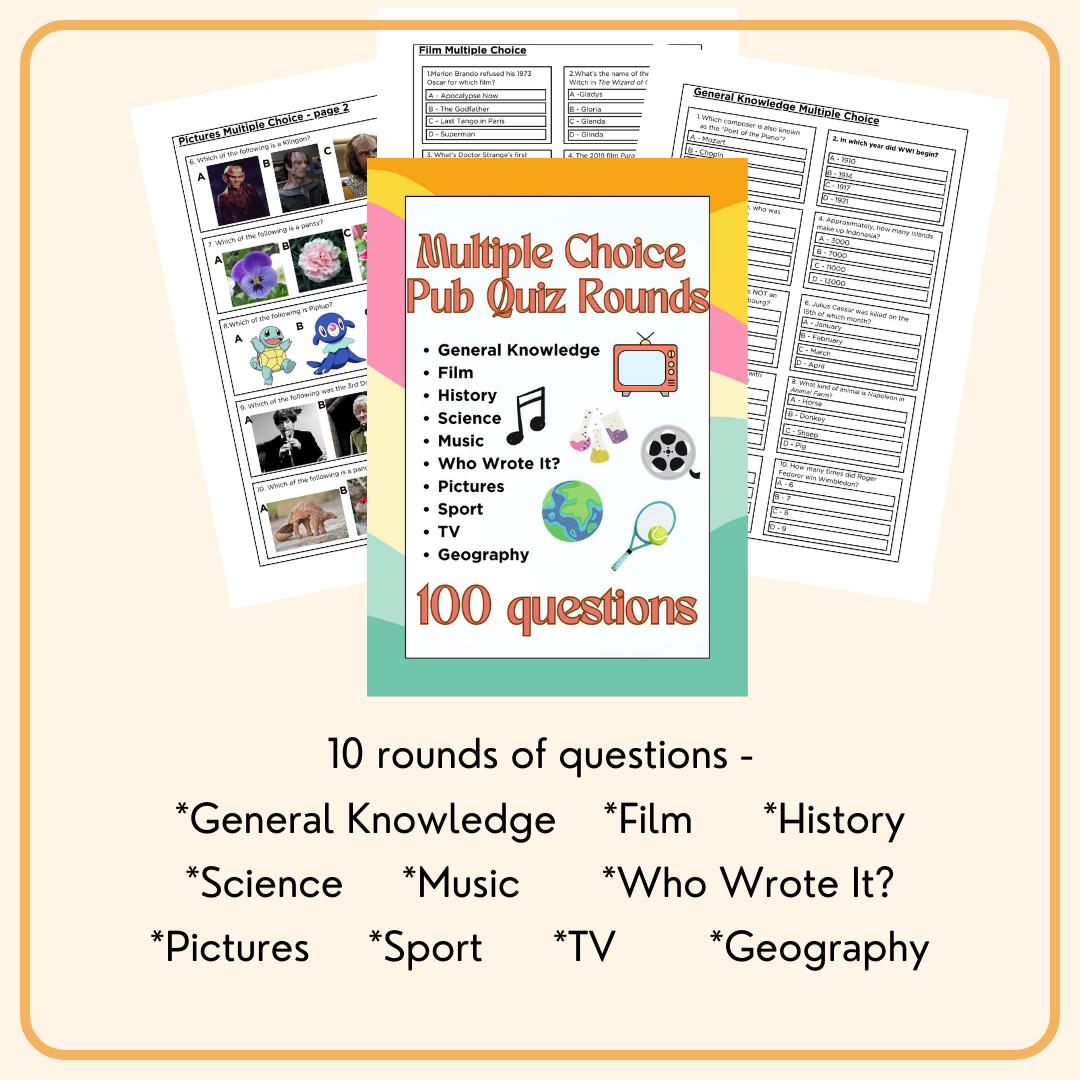 Printable Multiple Choice Quiz Rounds - 100 Questions - 10 Rounds ...
