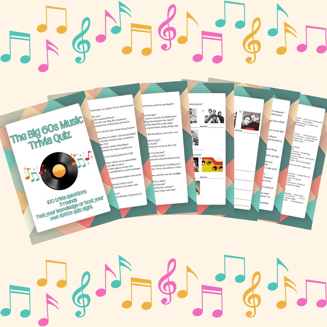 Printable 1960s Music Trivia Quiz - 100 Trivia Questions About 60s ...