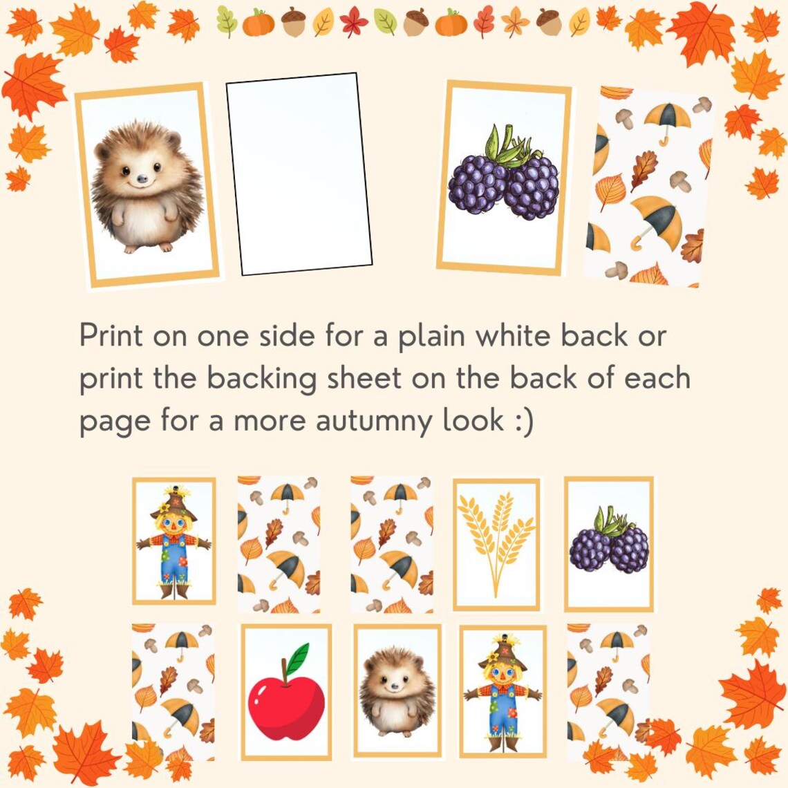 Printable Autumn Fall Matching Pairs Memory Game - 16 Pairs of Autumn ...